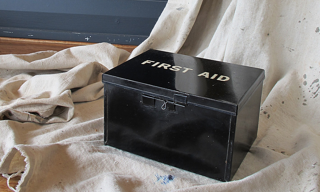 English Vintage First Aid Box in Black Tin | quintessential duckeggBLUE