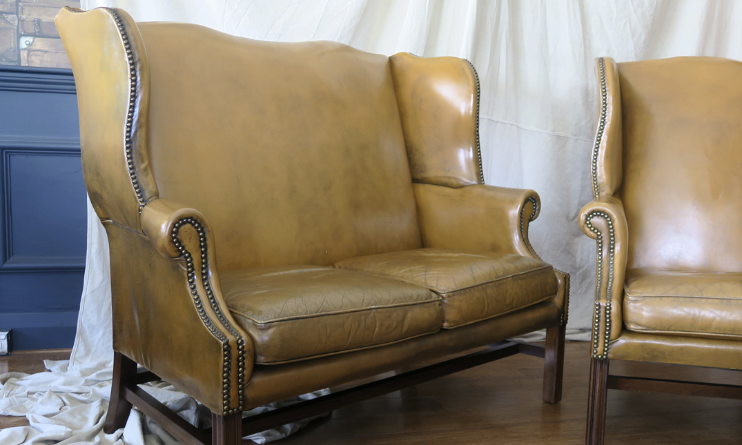 English Leather Wingback Settee & Chair | quintessential duckeggBLUE